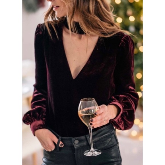 PAIGE | Tops | Paige Cut Out Choker Velvet Tamar Blouse In Dark Rouge ...